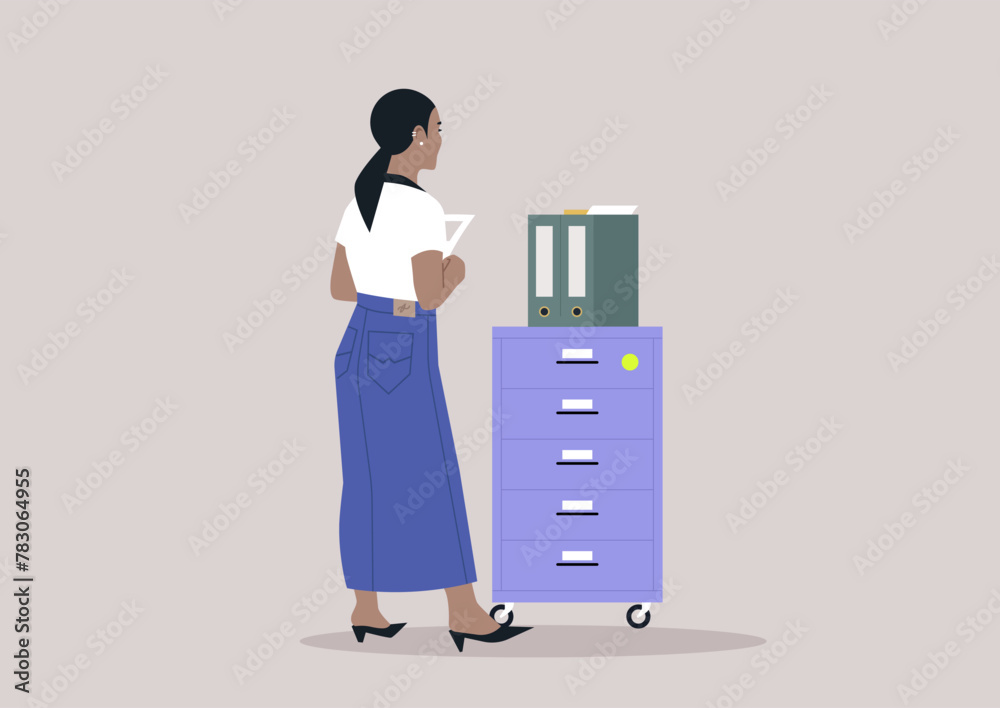 Employee Organizing Files in a Modern Office Setting, A person stands ...