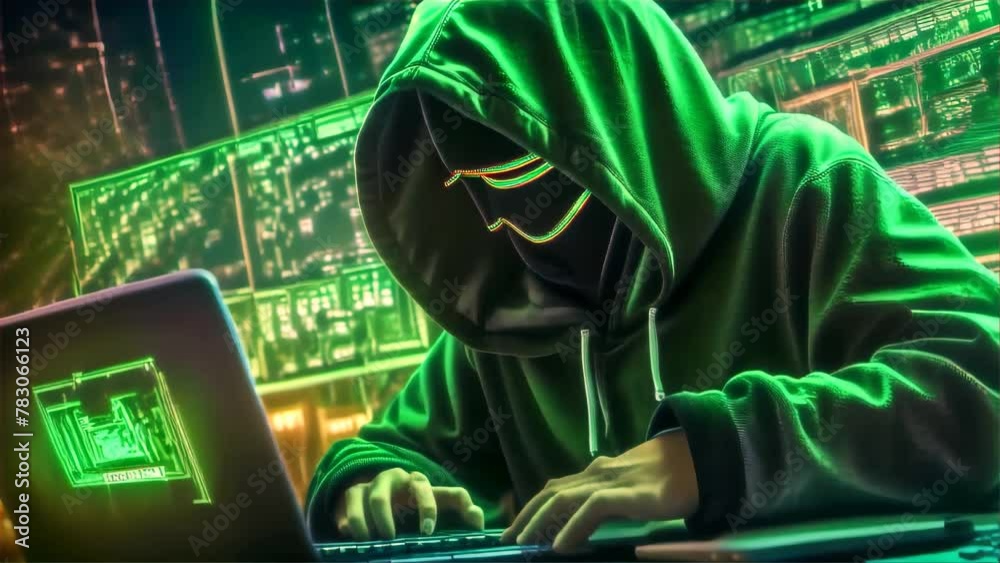 A mysterious figure in a hoodie intensely types on a laptop, with ...