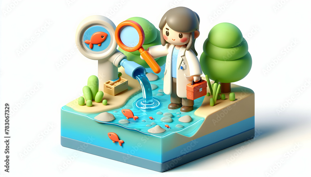 3D Environmental Scientist Collecting Samples from River for Analysis ...