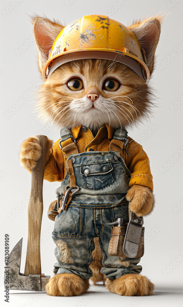 Cartoon cat wearing construction gear with hammer. Whimsical animal ...