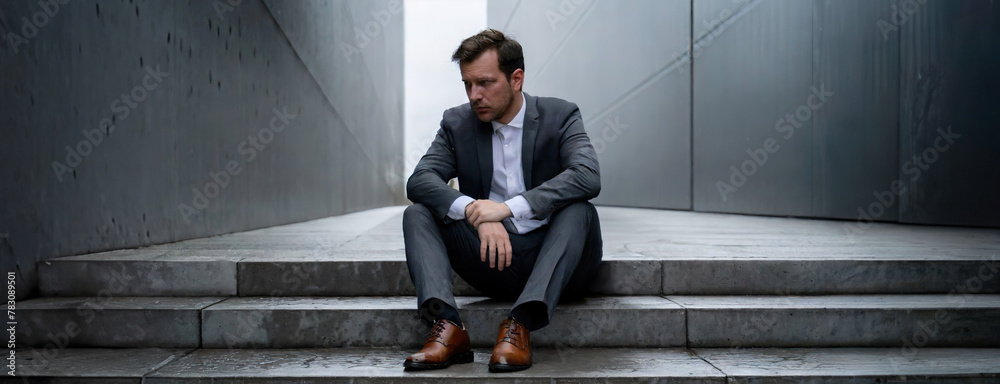 Sad depressed business man sitting on the steps on the street with head ...