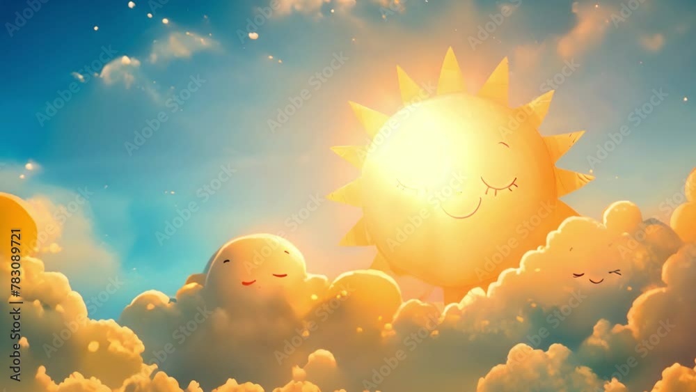 Cute animation with smiling sun and Magical fluffy clouds sparkling ...