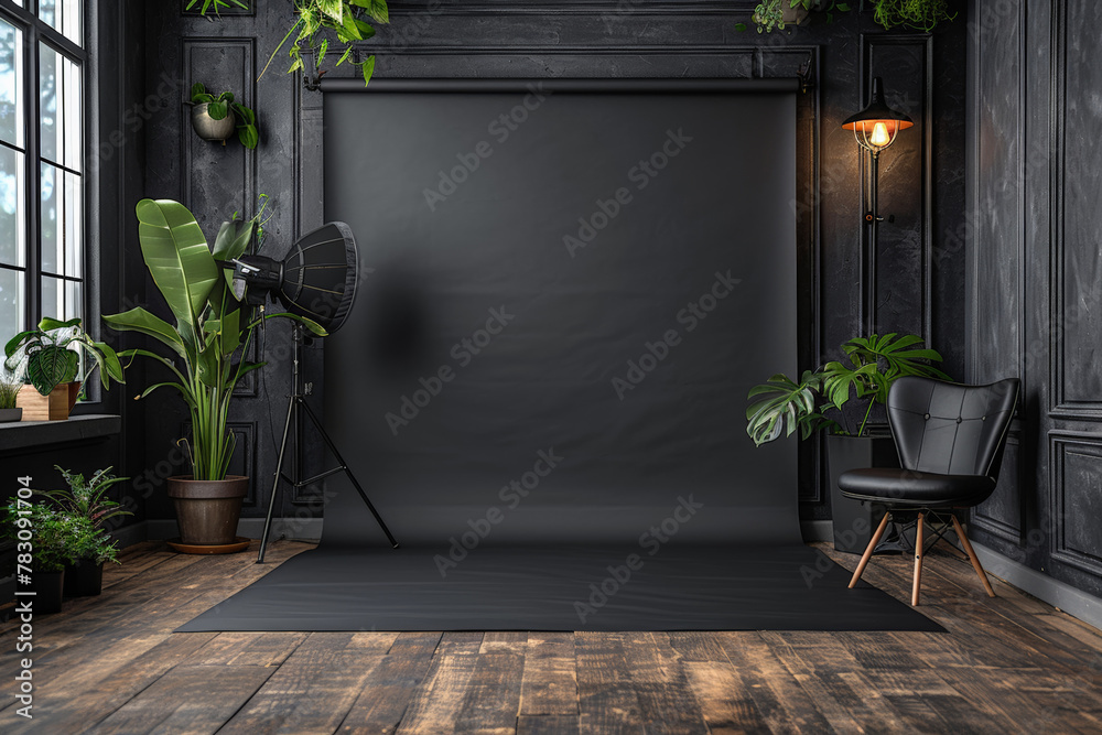 Professional Photo Studio Setup With Lights, Plants, and Modern Chair ...