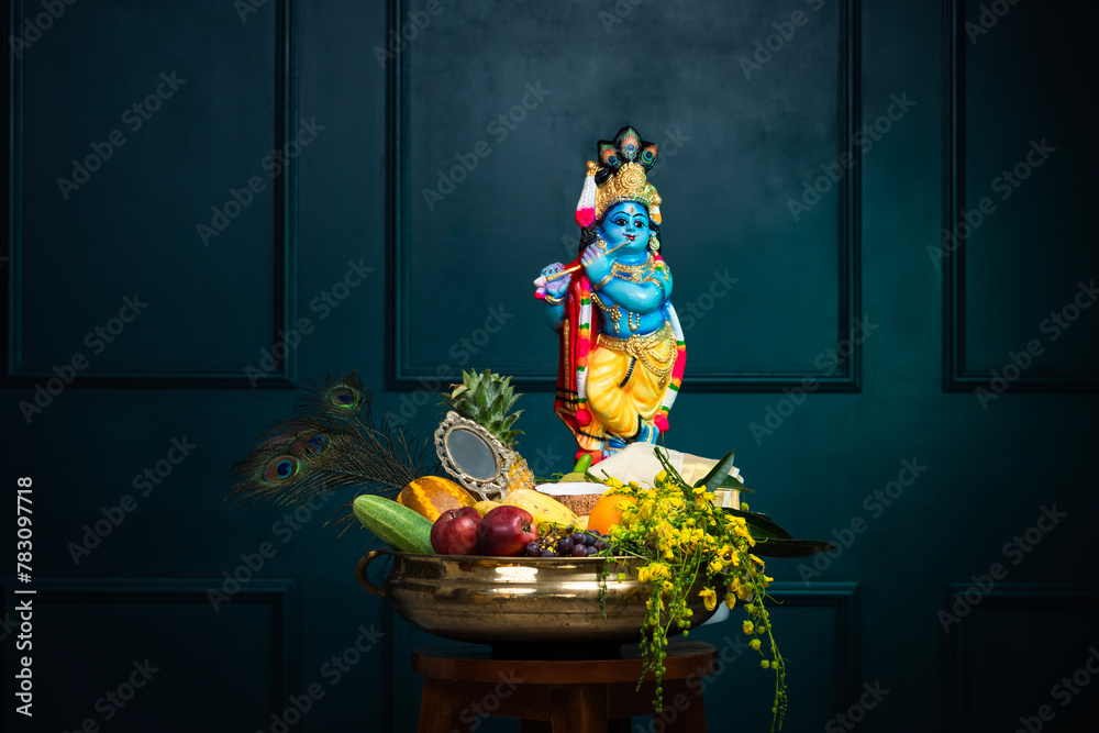 Vishu kani image, Lord krishna with kani arranged in brass uruli, happy ...