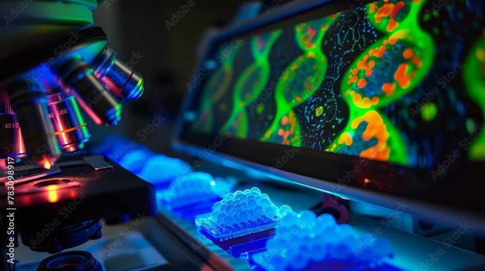 Under microscope view, vibrant cells dividing, gene editing in action ...