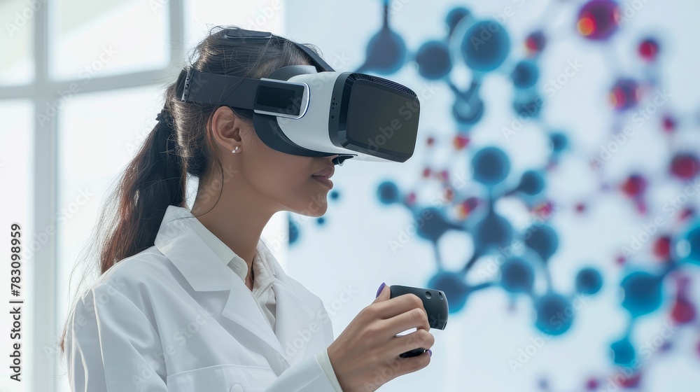 Virtual reality in biotech, scientist exploring 3D molecular structures ... Virtual reality in biotech, scientist exploring 3D molecular structures ...