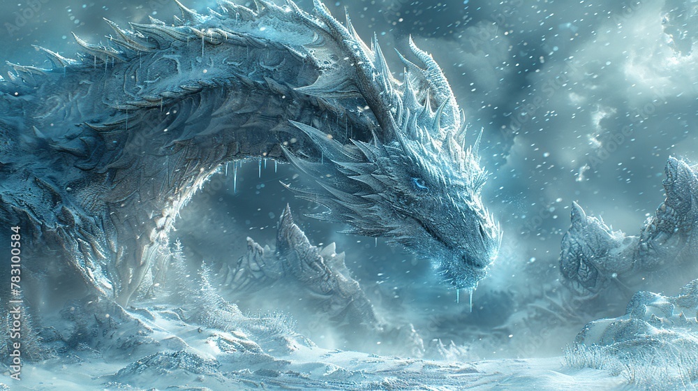 A frost dragon unfurls its wings in a snowy realm, icy breath swirling ...