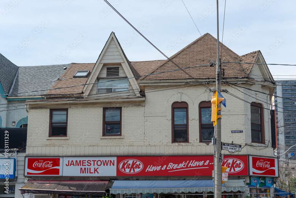 exterior building facade and sign of Jamestown Milk, a convenience ...