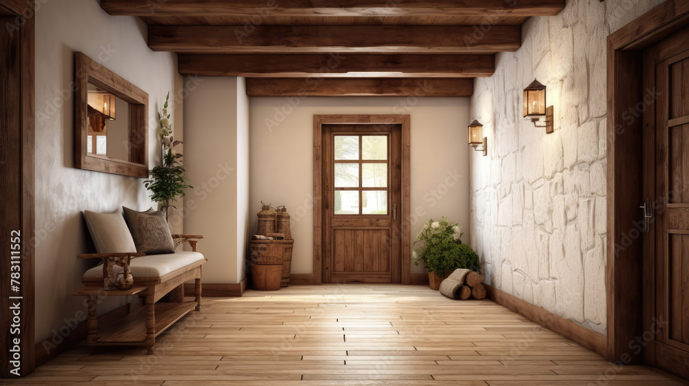 Stucco walls and wooden log beam ceiling in farmhouse hallway. Rustic ...