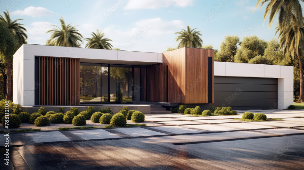 Modern ranch style minimalist cubic house with garage and landscaping ...