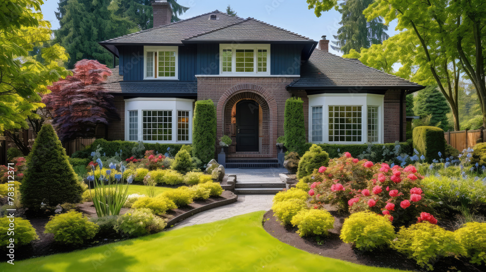 Colonial style brick family house exterior with black roof tiles ...
