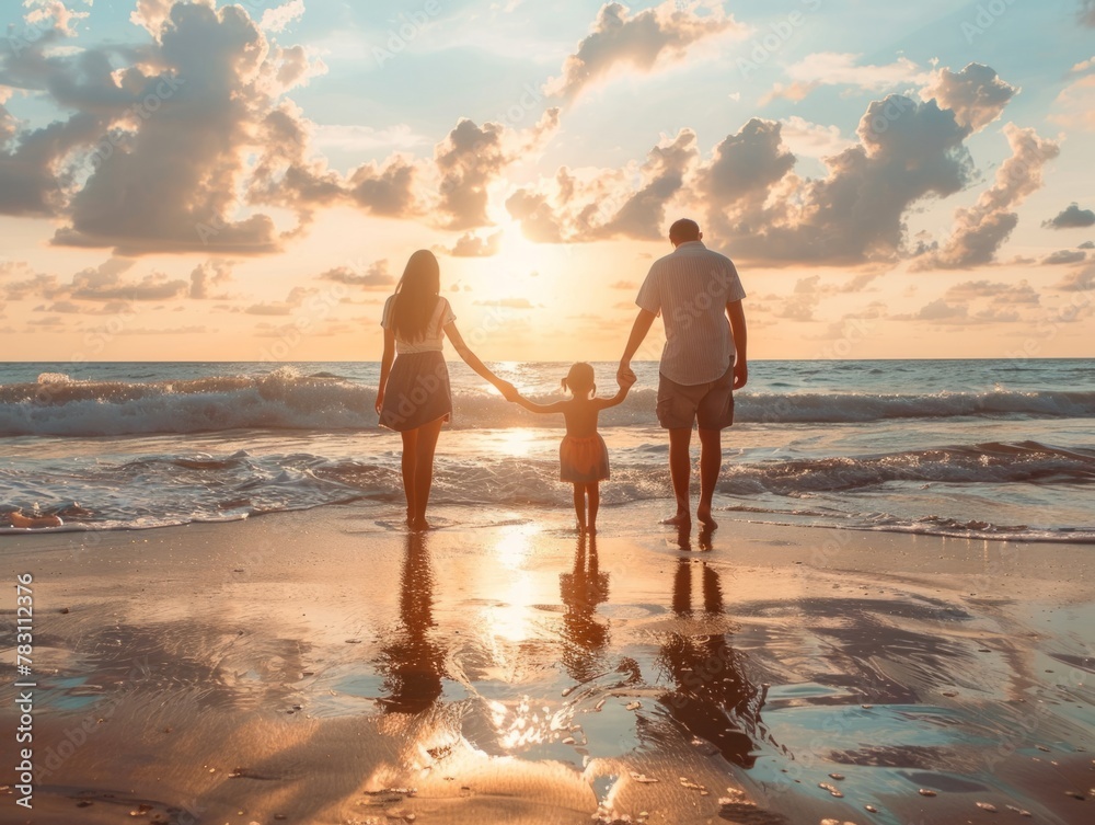Family Enjoying Sunset Beach Walk, Silhouettes Holding Hands, Tranquil ...