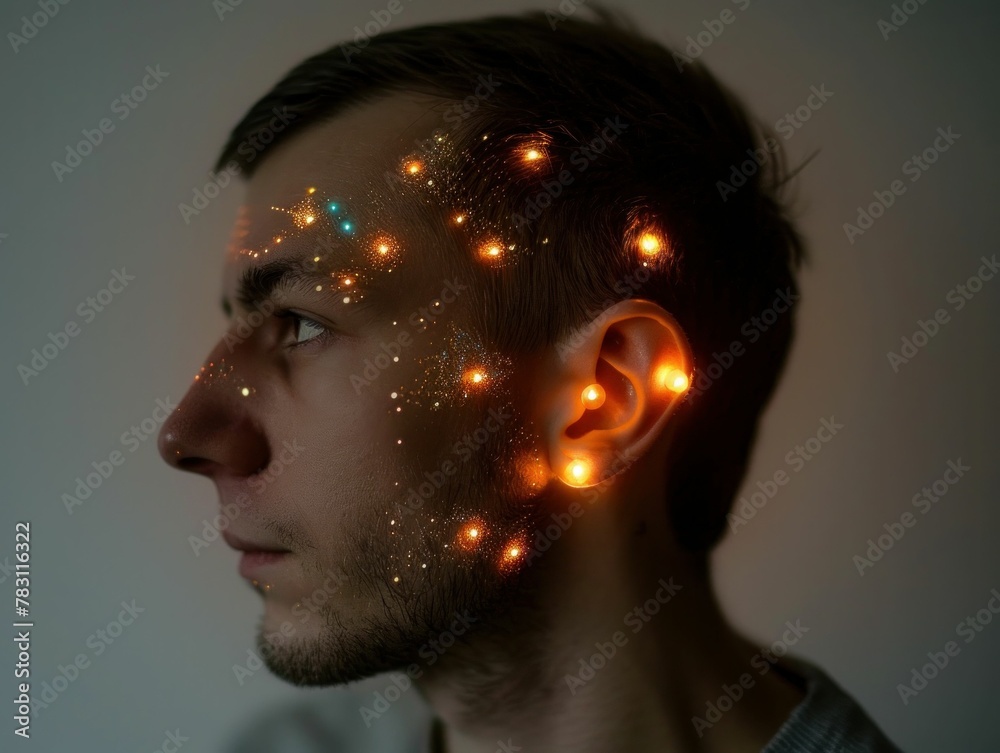 Man with glowing stars on his face and a glowing star on his head in ...