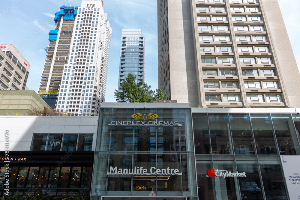 exterior facade and signs outside Manulife Centre, a shopping mall, located at 55 Bloor Street ...