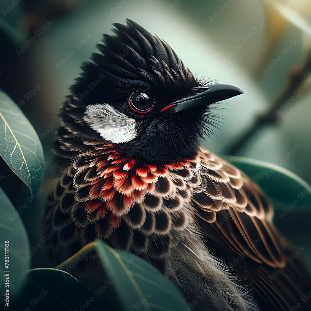 Red tail bulbul sparrow in jungle. A dark, sleek, medium-sized bird ...