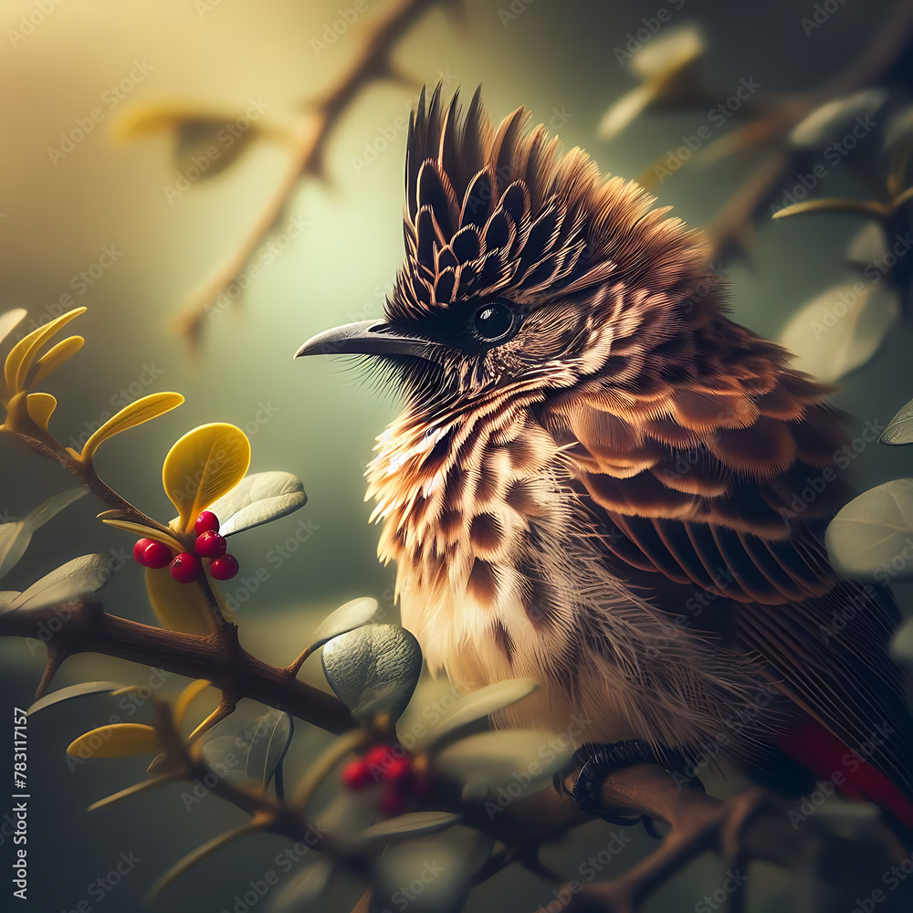 Red tail bulbul sparrow in jungle. A dark, sleek, medium-sized bird ...