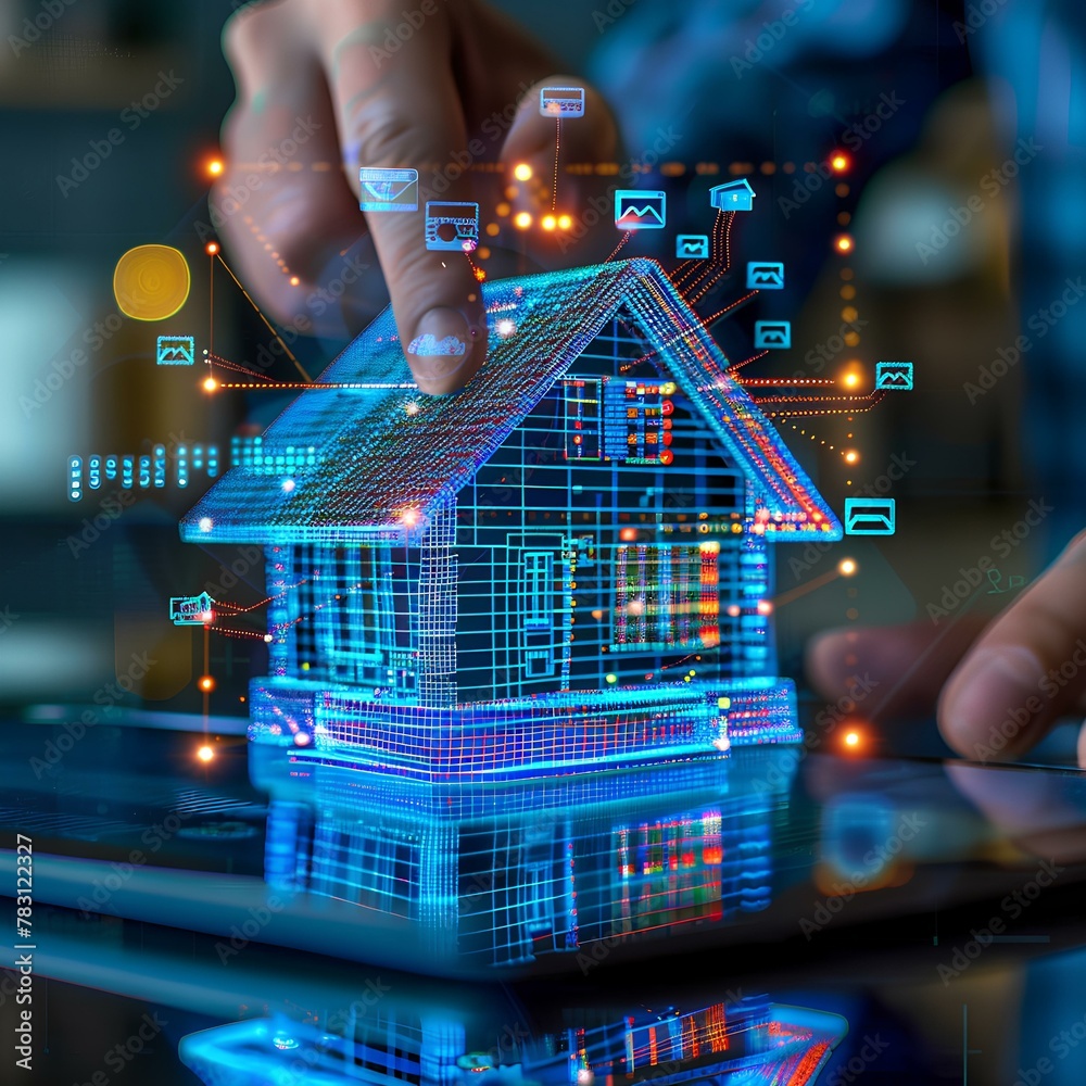 Technology-driven hand holding a digital house symbolizes future ...