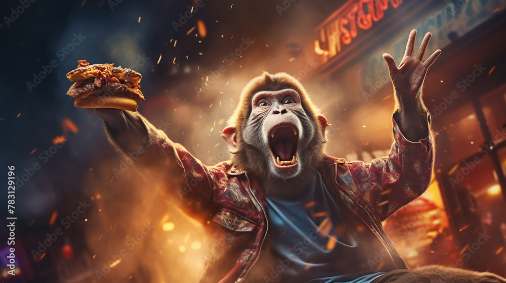 Monkey reaching for a holographic hot dog, urban backdrop Stock ...
