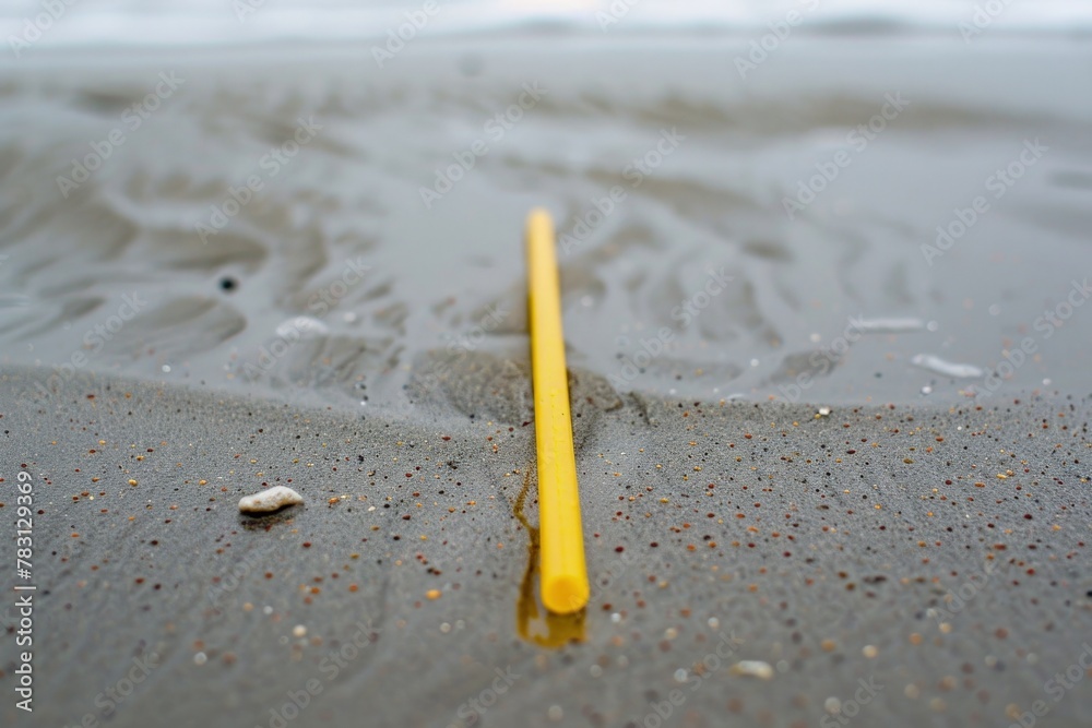 Yellow straw on the beach sand, concept of plastic waste, recycling ...