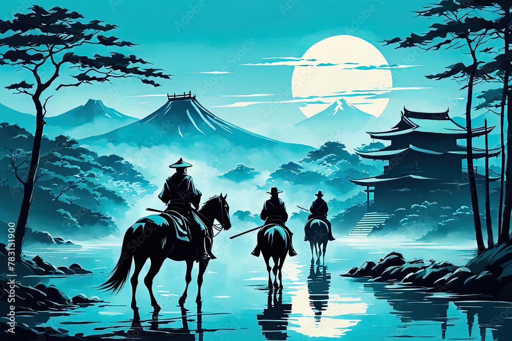 Asian landscape in the spirit of samurai in dark contrasting colors ...