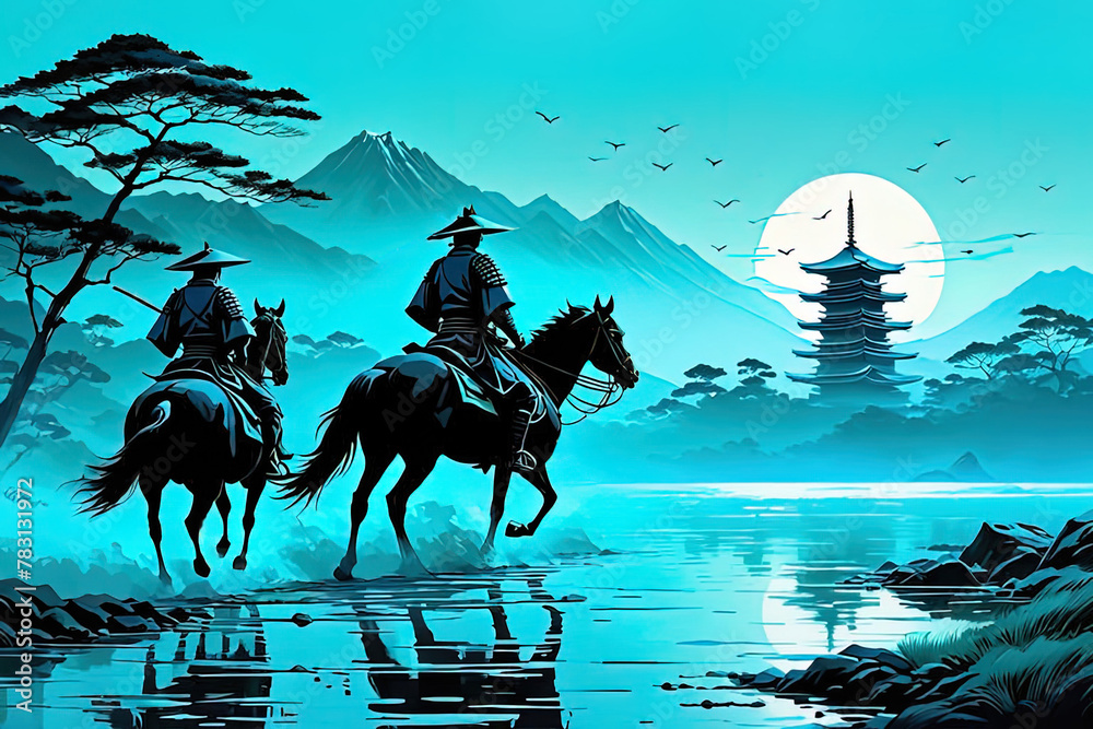 Asian landscape in the spirit of samurai in dark contrasting colors ...