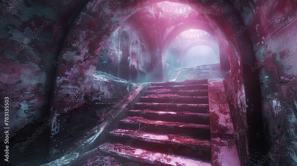 dark red tunnel staircase ancient ruined mysterious eerie atmospheric ...