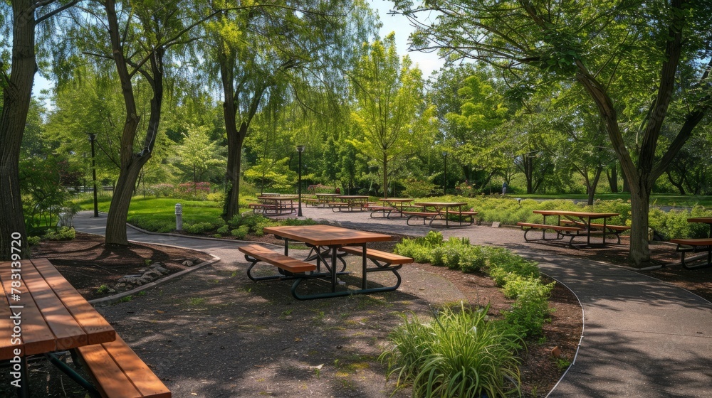 Wide shot of a park landscape with multiple designated picnic areas ...