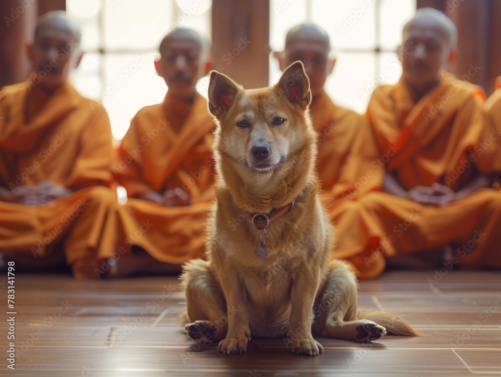 Zen Dog Meditating with Buddhist Monks in Temple, Spiritual Harmony ...