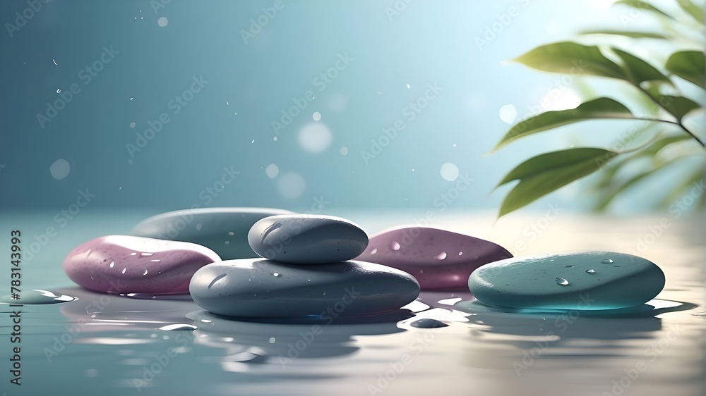 "Digital illustration showcasing Zen stones with water drops on a ...