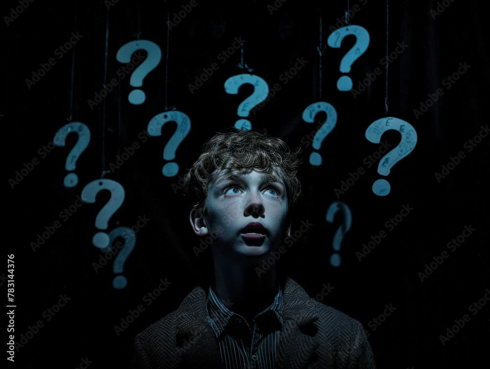 Discover the unknown black background with luminous question marks ...