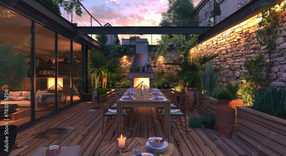 an ultra realistic and detailed photo of an outdoor wooden terrace with ...