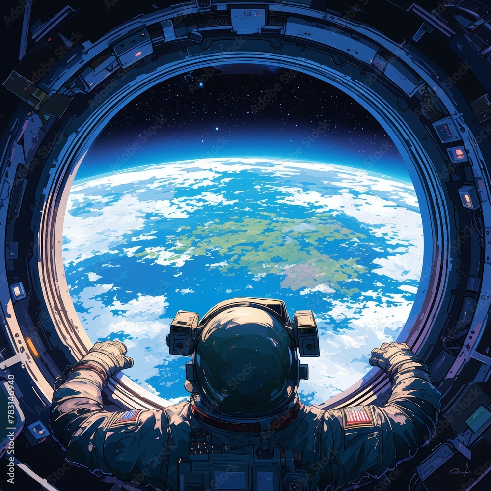 An astronaut floating in space, seen through the porthole of his ...