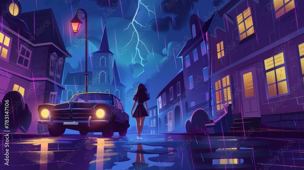 Animated detective story cartoon poster, young woman walking along ...