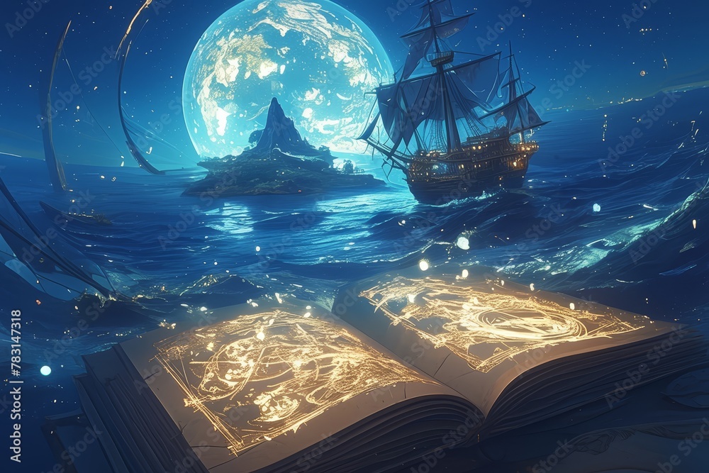 An open book with an island and ship emerging from it, in the style of ...