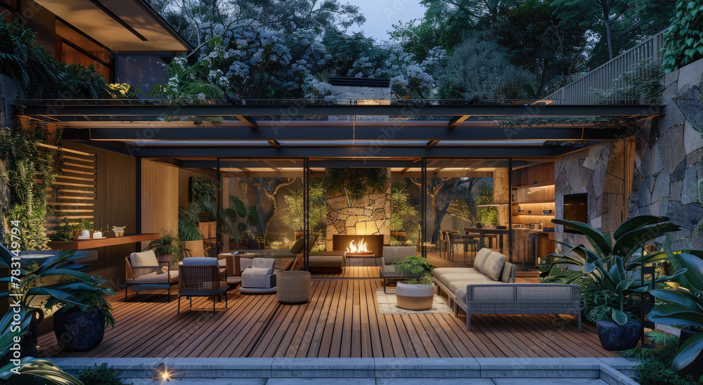 an ultra realistic and detailed photo of an outdoor wooden terrace with ...