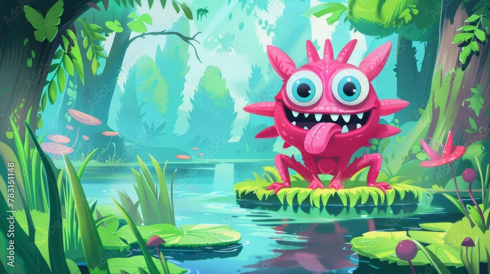This great modern cartoon illustration shows a cute pink alien animal ...