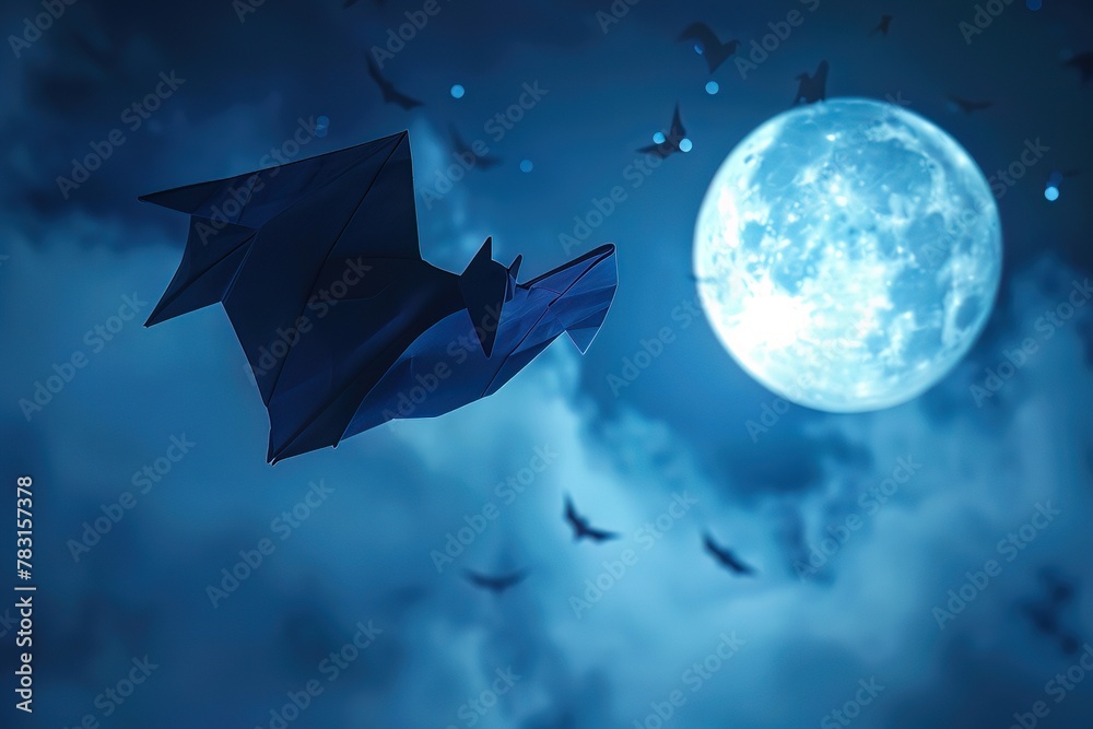 High in a realistic sky, an origami bat flits through the night, its ...
