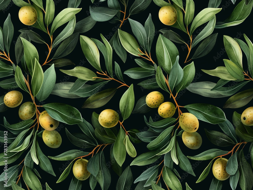 The pattern and illustration of the olive fruits and the leaves of the ...