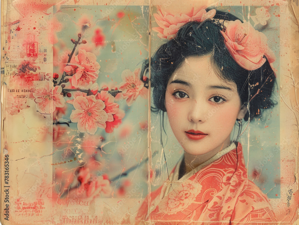 架空のレトロ写真／明治大正昭和の美女 An image of an old nostalgic Japanese magazine. A ...