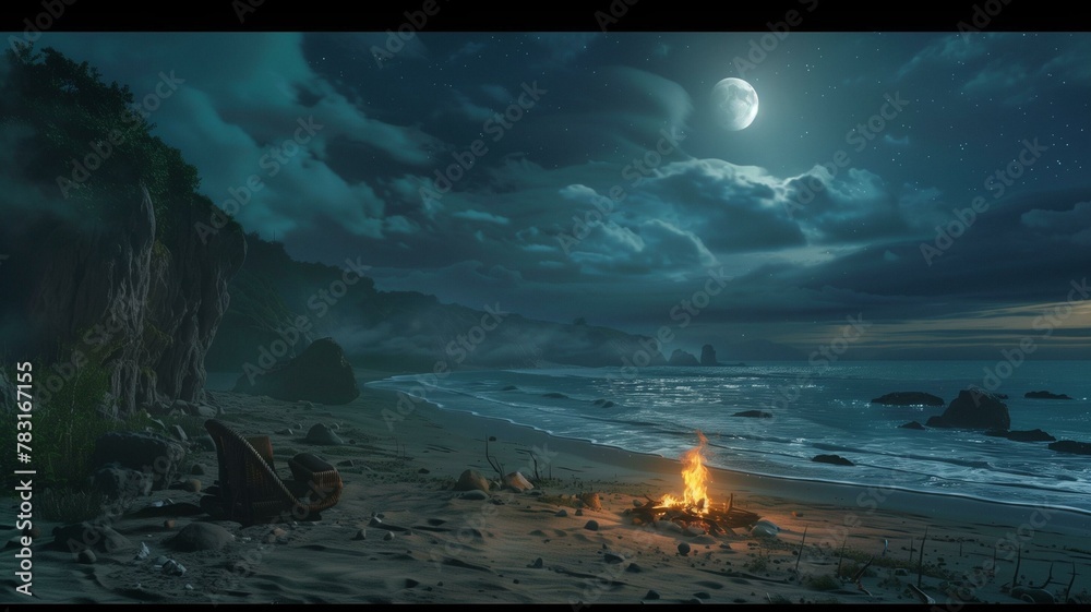 A tranquil beachside scene bathed in the soft glow of moonlight, with a ...