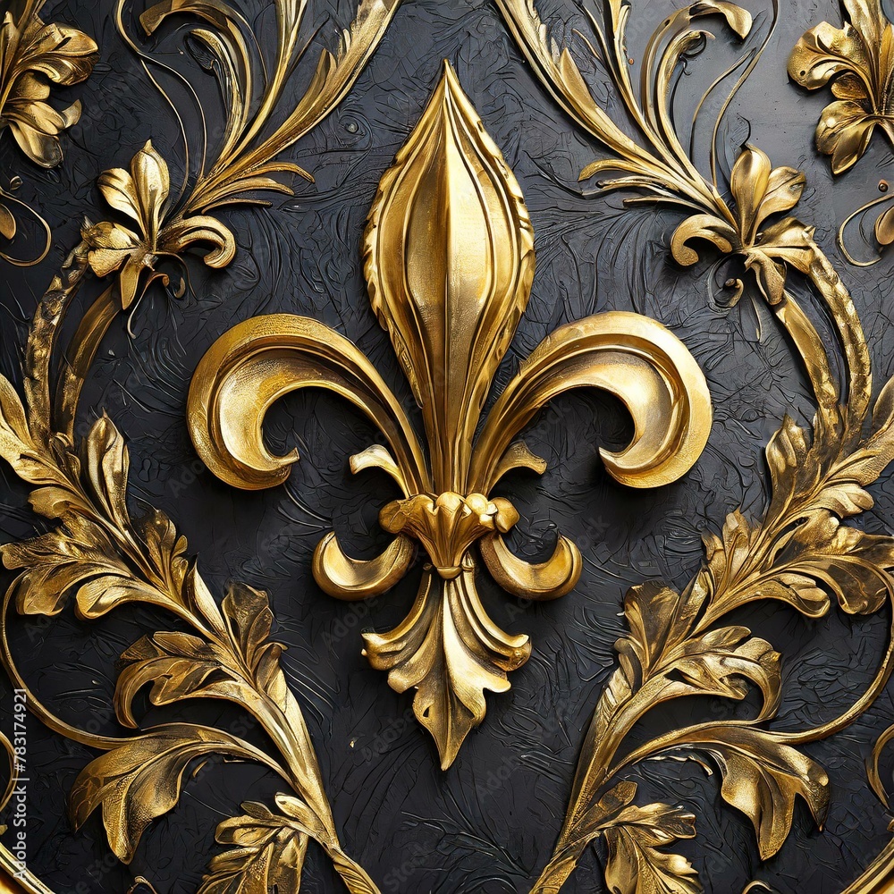 golden background.a black wall embellished with regal gold fleur de lis ...