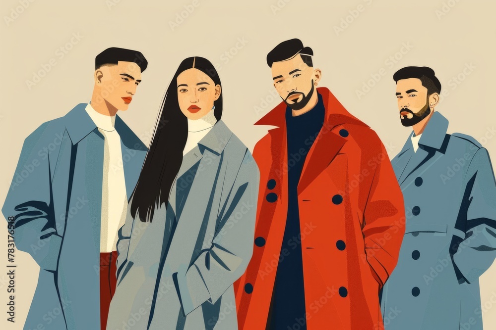 people standing, one woman in a grey coat and white shirt with long ...