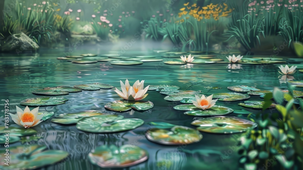 Artistic rendering of a tranquil pond surrounded by water lilies Stock Illustration | Adobe Stock