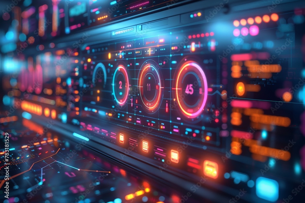 The image displays a high-tech control panel with illuminated dials and ...