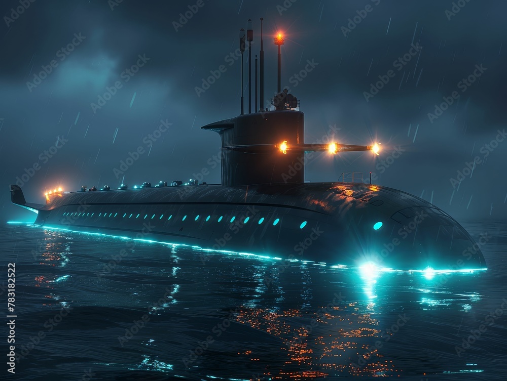 Submerged submarine, bioluminescent creatures, dark abyss, stormy ...