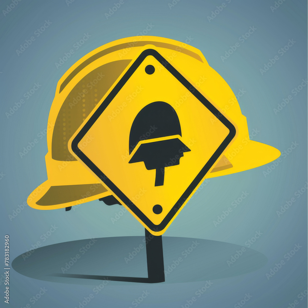 Illustration of a construction helmet icon within a yellow warning sign ...