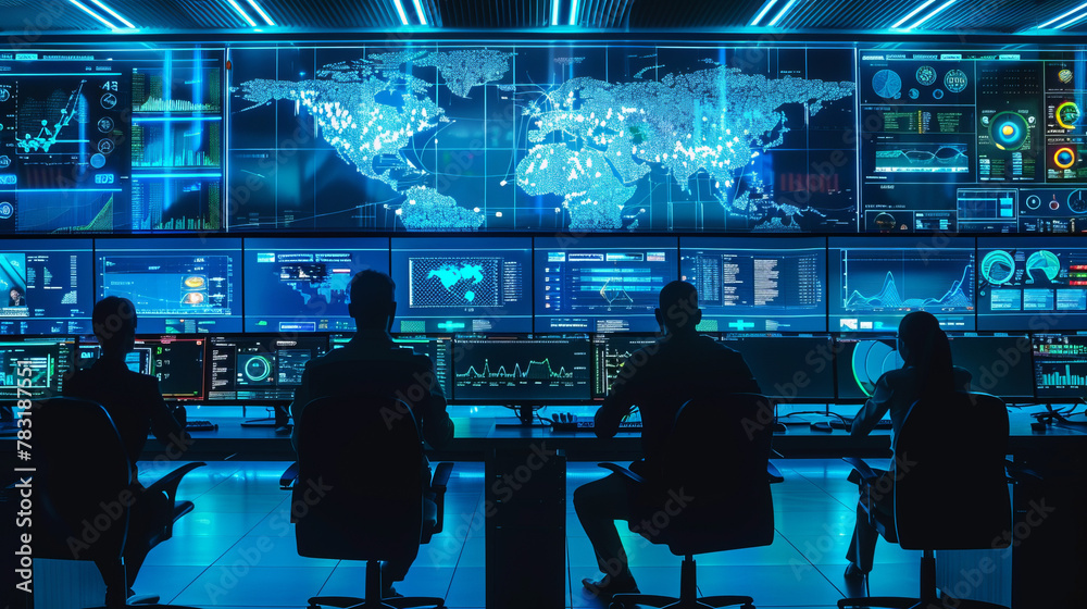 High Tech Cybersecurity Operations Center Teams Monitoring Large
