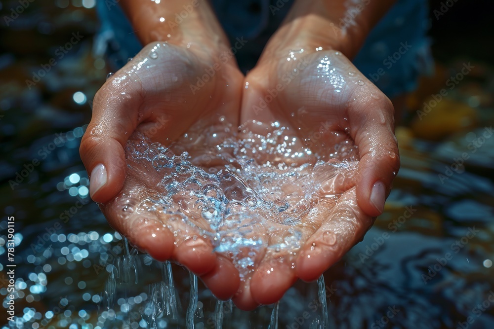Hands cupped together holding water with a splash effect, demonstrating ...