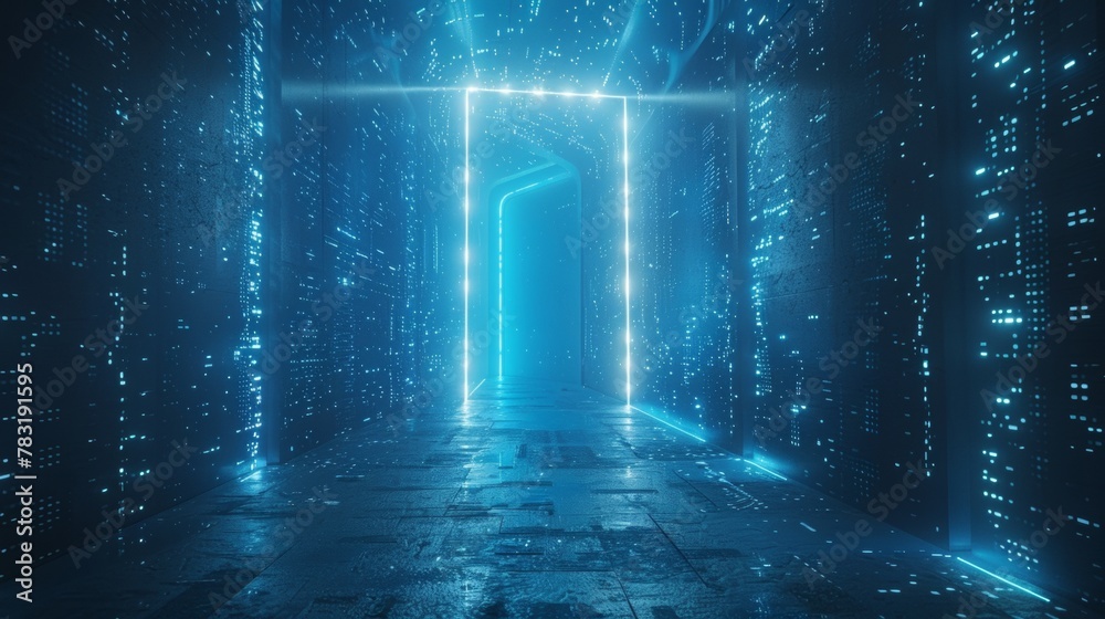 Abstract door in tunnel with digital data center light signals. Future ...