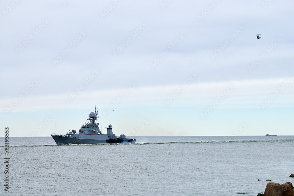Russian warship armed with armament sails into sea toward military ...